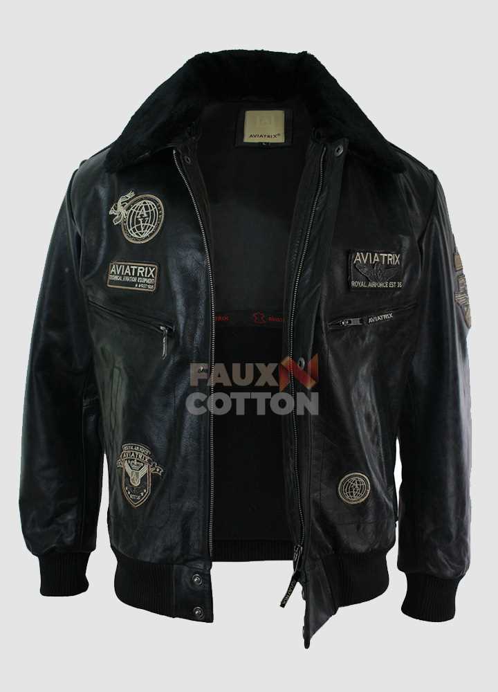 Aviatrix Mens Black Real Leather Bomber Aviator Pilot Jacket Removable Fur