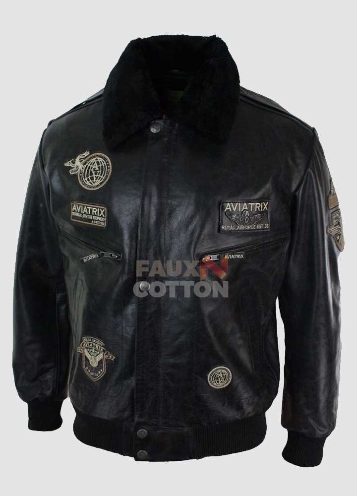 Aviatrix Mens Black Real Leather Bomber Aviator Pilot Jacket Removable Fur